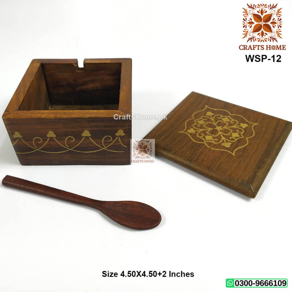 Wooden Sugar Pot With Spoon - Brass Work - Crafts Home